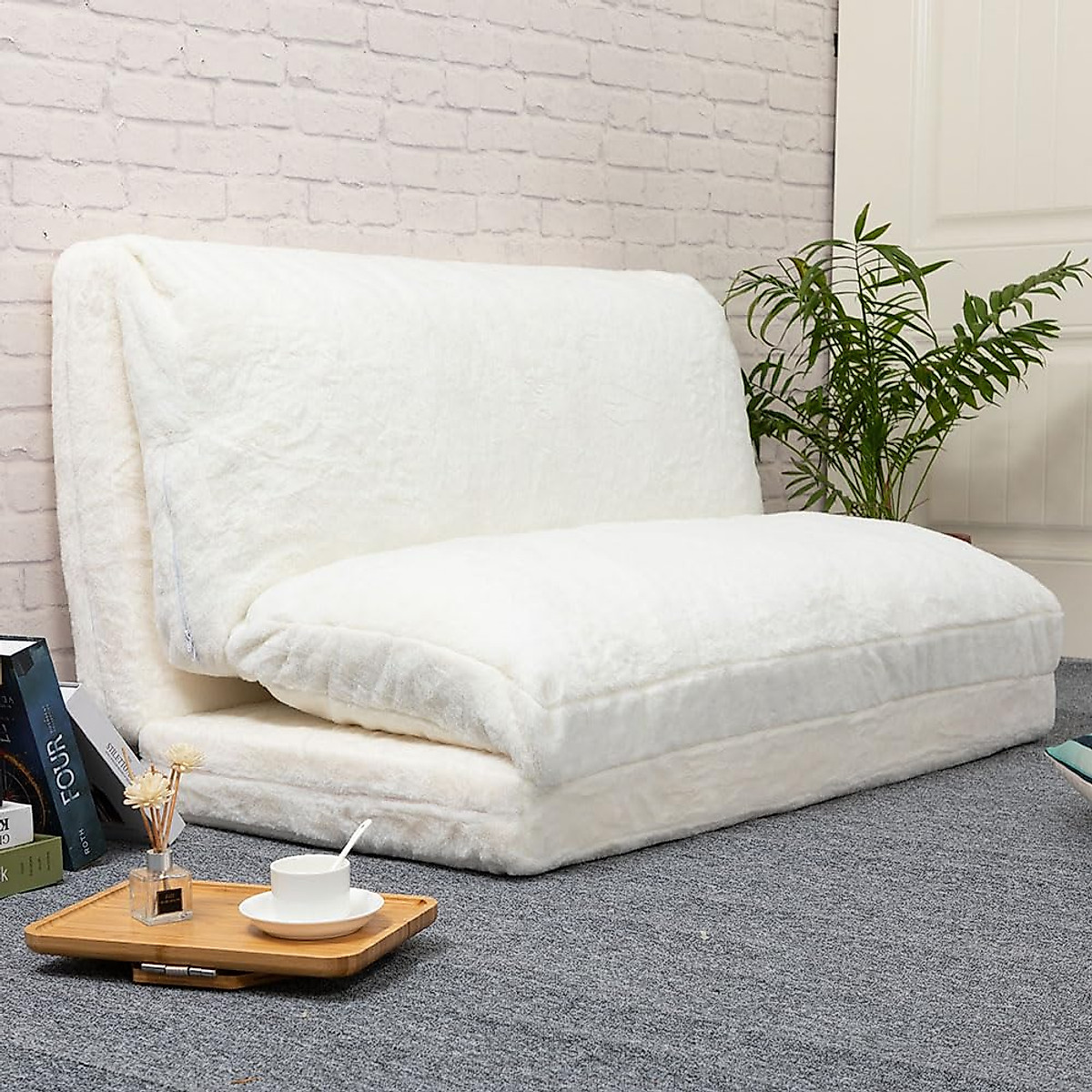 ALIMORDEN Mattress Sofa Folding Floor Couch, White Multifunctional Foam Filling Bean Bag, Super Soft Plush Removable Cover, for Nap & Family Time in Living Room, Bedroom, Salon, Office