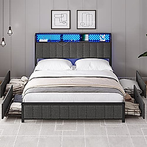 ADORNEVE LED Bed Frame Full Size with Storage Headboard and Outlets, Metal Platform Bed Full with 4 Storage Drawers and RGB LED Lights Headboard, No Box Spring Needed, Noise-Free,Dark Grey