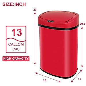 13 Gallon 50 Liter kitchen Trash Can with Touch-Free & Motion Sensor, Automatic Stainless-Steel Garbage Can, Anti-fingerprint Mute Designed Trash Bin Touchless Trash Can for Office Bedroom, Red