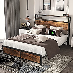Catrimown Queen Bed Frame with Storage Headboard Platform Bed Frame Queen Size with 2 Tier Headboard Industrial Wood Queen Bed Frames No Box Spring Needed Noise Free, Rustic Brown (Queen)