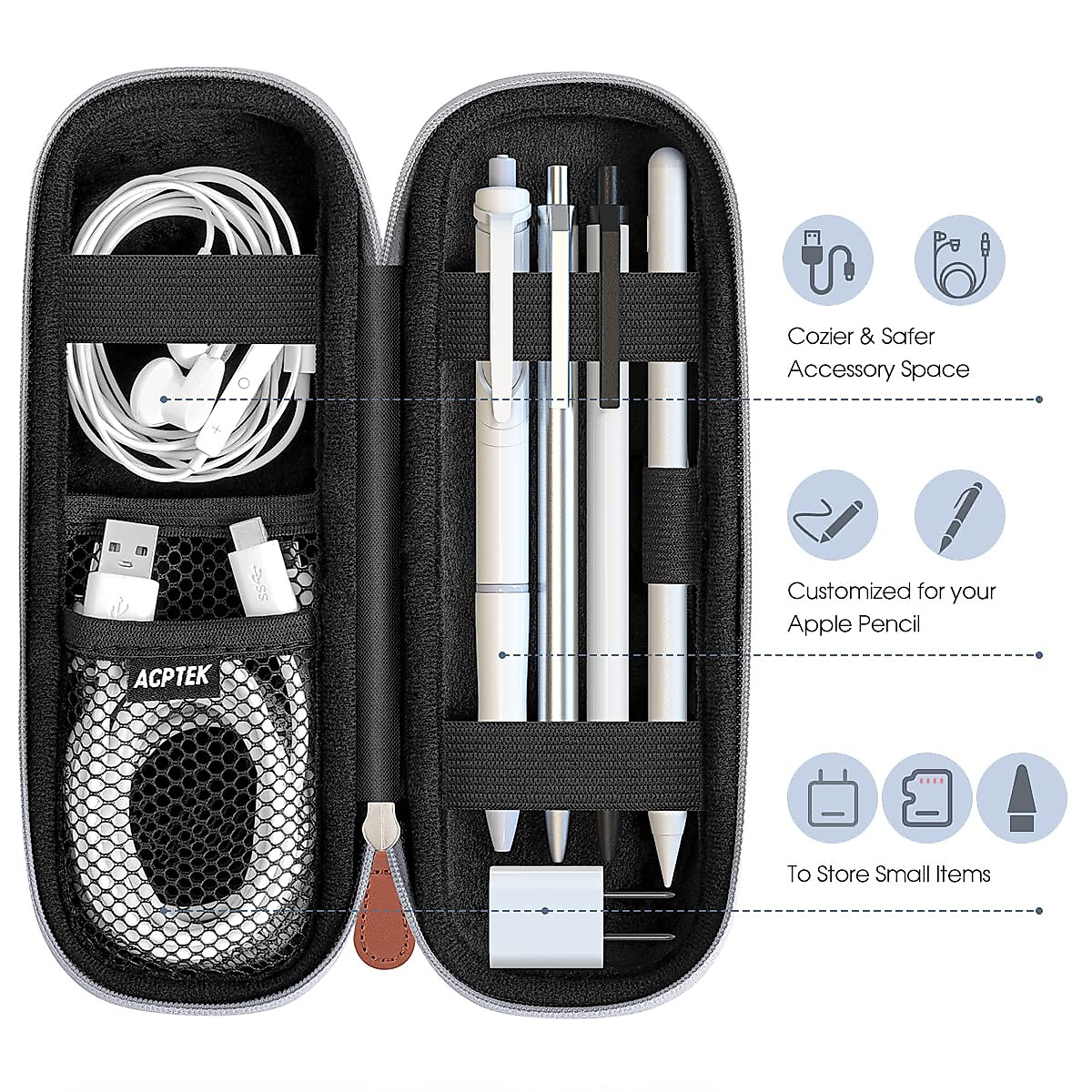 AGPTEK Case Holder for Apple Pencil, Slim Carrying Case Pouch Cover Compatible with Apple Pen Accessories, USB Cable, Earphone, Samsung Stylus iPad Pro Pen/Pencil, Recording Pen, Gray