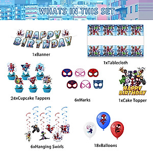 Spidey Party Supplies Set Include Banner, Balloons, Hanging Swirls,Cake Topper, Cupcake Toppers, Masks and Tablecloth For Party