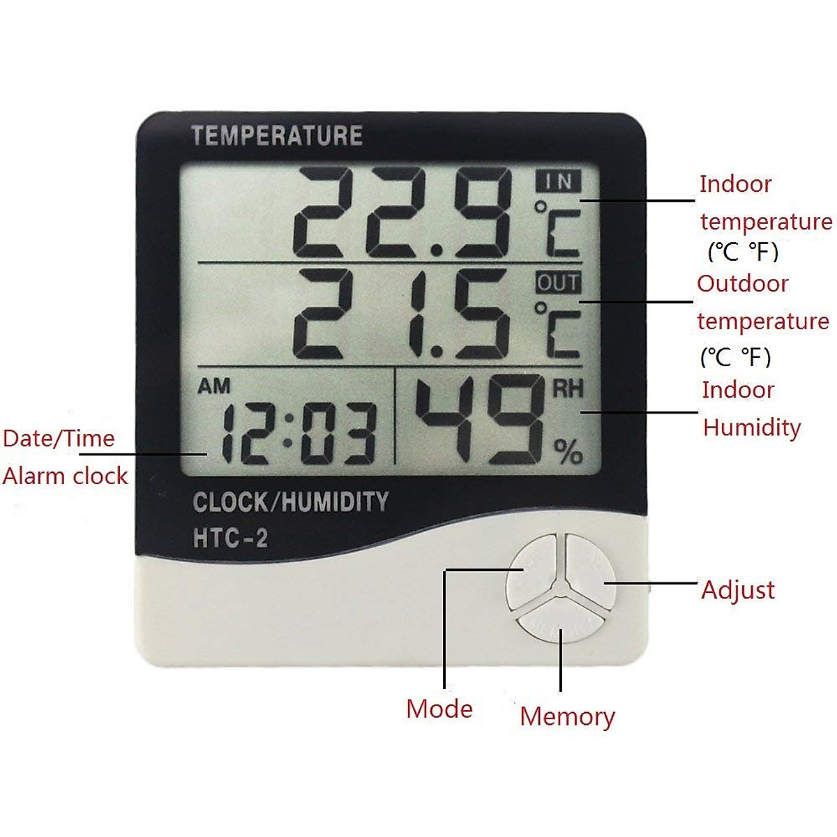 YCDC Digital LCD Temperature Humidity Hygrometer 1.5m Probe Cord, HTC-2 Big Display, More Accurate, Greenhouse Room Indoor Thermometer Monitor,Clock Beep, Fish Tank Temperature Controlling