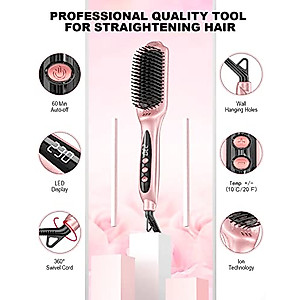 LANDOT Hair Straightener Brush Heated Straightening Brush: Negative Ion Hot Hair Brush for Smooth Frizz-Free Hair - Ceramic Flat Iron Brush - Dual Voltage Fast Heating Rose Gold