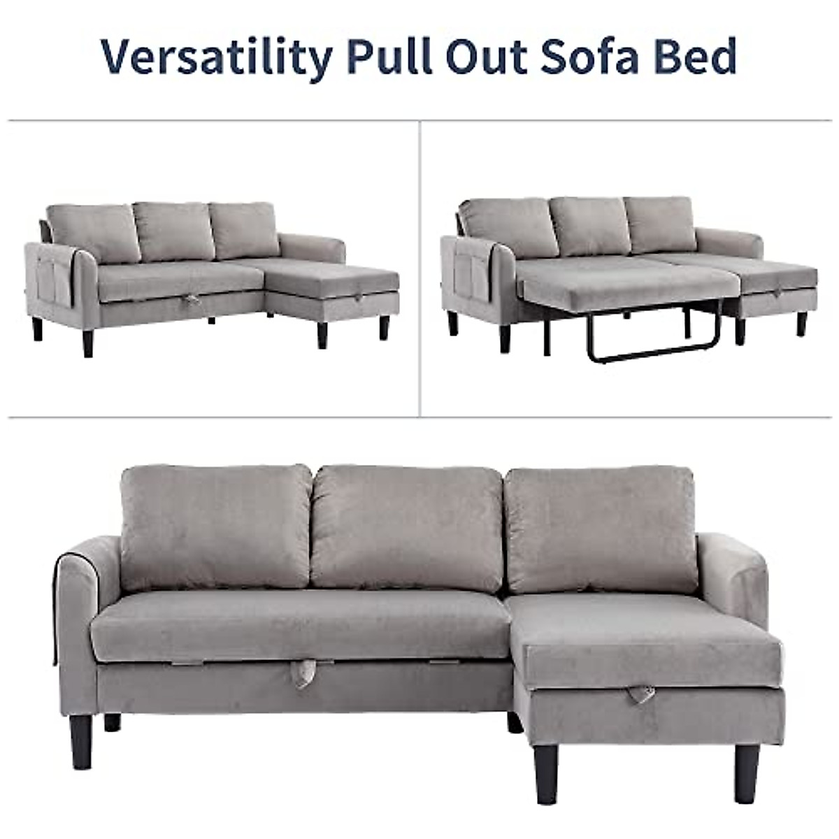 Hdxdkog L-Shaped Sectional Sofa with Pull-Out Bed 72" Sectional Sleeper Sofa Bed with Storage Chaise Lounge and Pocket, Upholstered Corner Couch for Living Room Home Office (Gray)