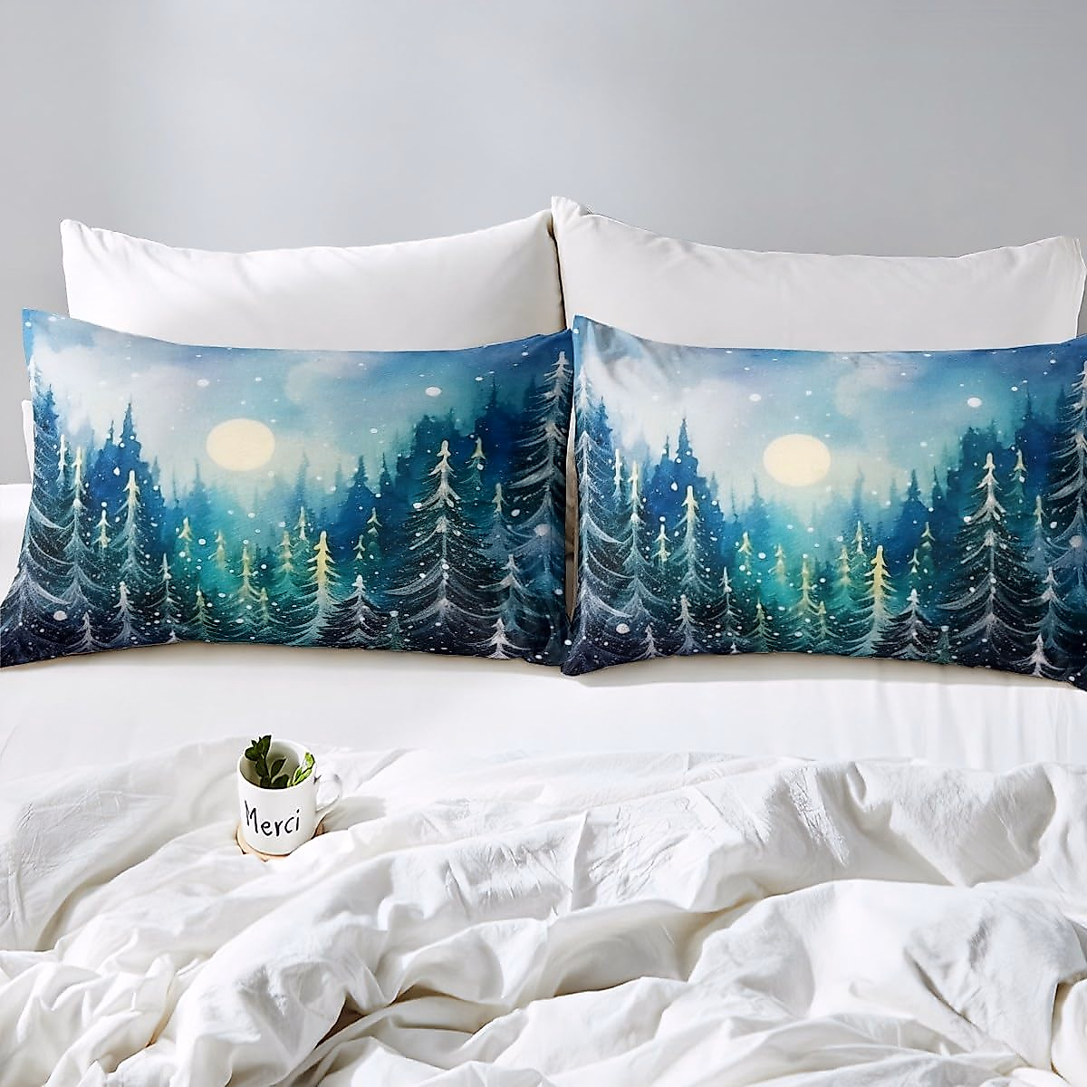 Pine Trees Christmas Duvet Cover Set Queen Size, Moonight Starry Sky Bedding Set,Boys Girls Room Decor,Pines Botanical Leaves Natural Comforter Cover,Cyan Rustic Farmhouse Quilt Cover,2 Pillowcases