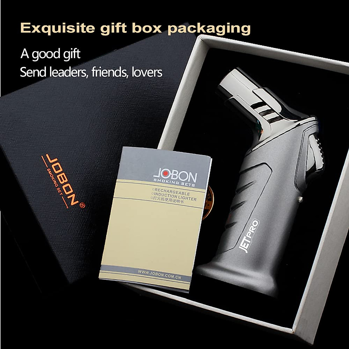 JETPRO Butane Torch with Fuel Gauge Refillable Kitchen Torch Lighter with Fire Locking Device and Adjustable Flame One-Handed Operation Blow Torch for Grill, BBQ(Butane Gas is Not Included) (Gray)