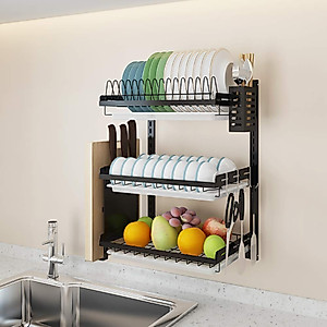 Ctystallove 3 Tier Black Stainless Steel Dish Drying Rack Fruit Vegetable Storage Basket with Drainboard and Hanging Chopsticks Cage Knife Holder Wall Mounted Kitchen Supplies Shelf Utensils Organizer