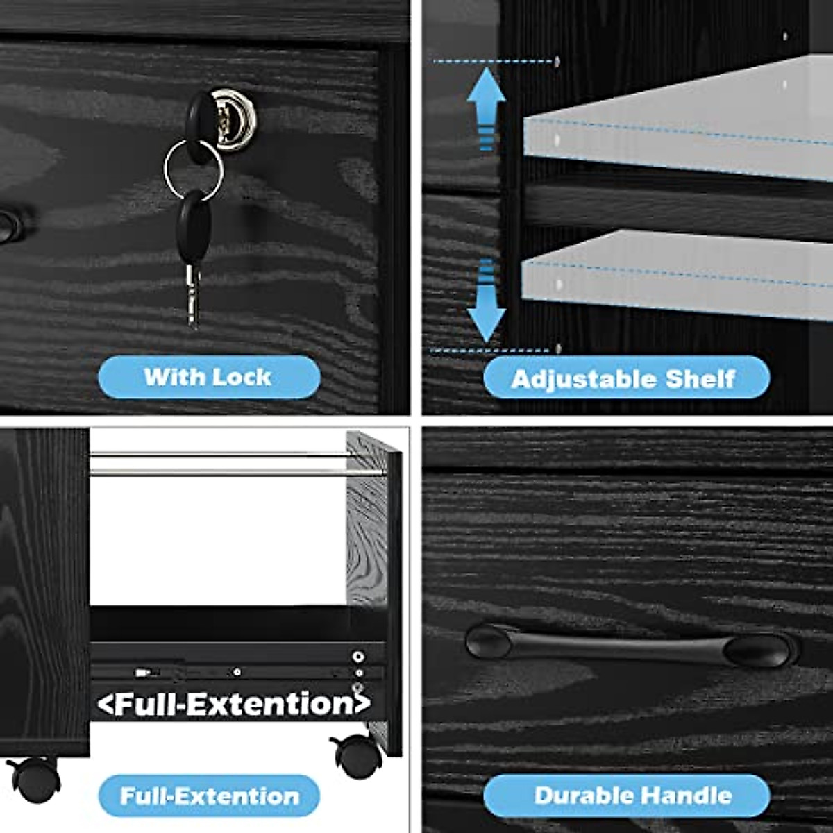 Wood File Cabinet, 3 Drawer Mobile Lateral Filing Cabinet On Wheels, Printer Stand with Open Storage Shelves for Home Office (Black 2)