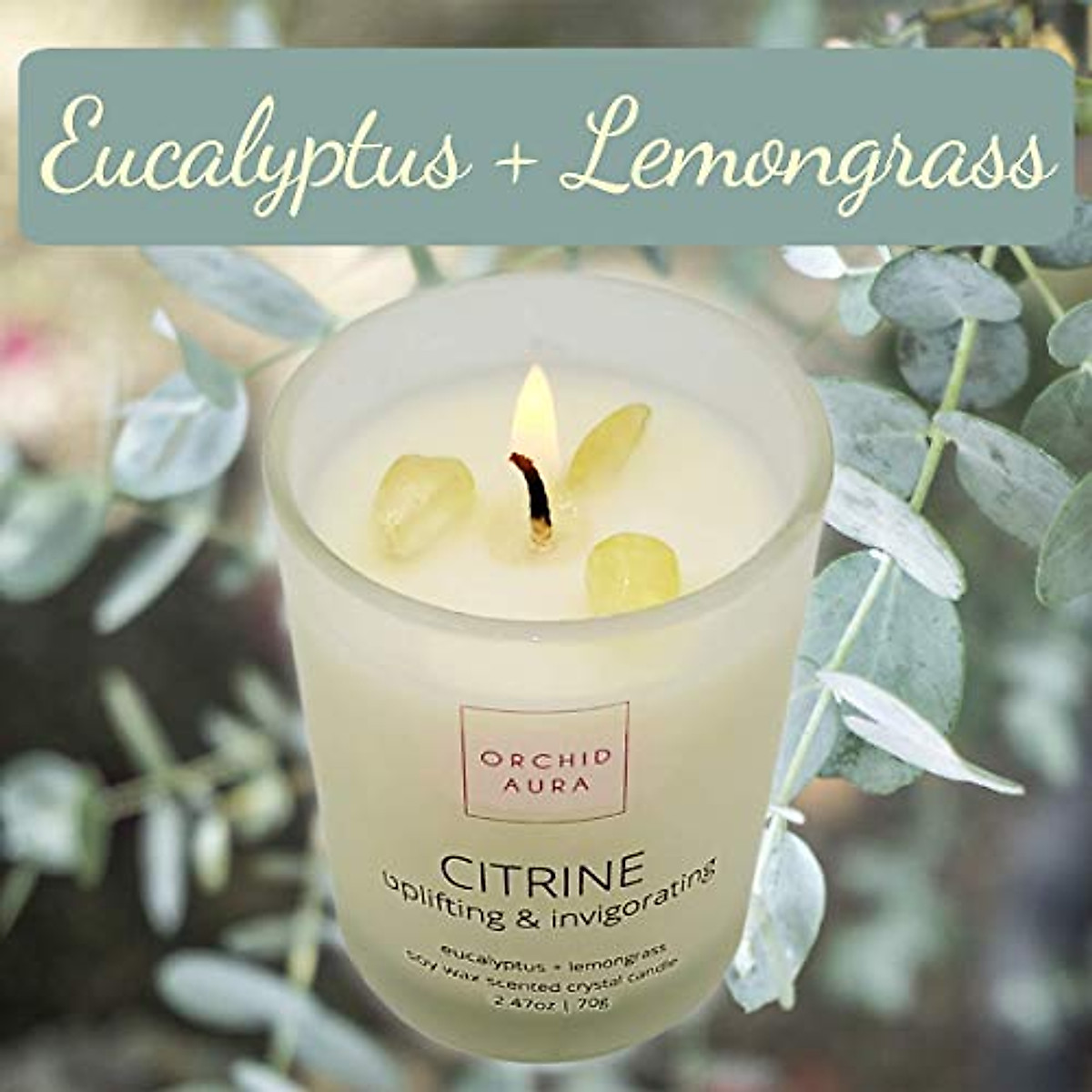 ORCHID AURA Soy Candles with Healing Crystals. Citrine, Rose Quartz, Amethyst Crystal. Eucalyptus + Lemongrass, Jasmine + Sandalwood, Clary Sage + Lavender. 3PC Scented Candle Set, 2.47oz Each