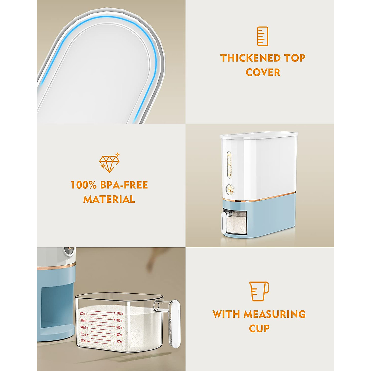 VenDotbi 26.5Lbs Rice Dispenser, Rice Container with Measuring Cup, Large Capacity Food Storage Container with Lid, Food Dispenser Kitchen Organization for Home Kitchen Pantry Rice Soybean Corn-Blue