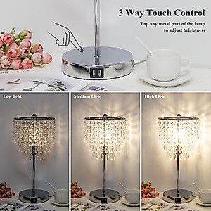 Touch Control Crystal Table Lamp with Dual USB Charging Ports, 3-Way Dimmable Bedside Touch Lamp Decorative Nightstand Lamp with Elegant Lamp Shade for Living Room Bedroom, B11 LED Bulb Included