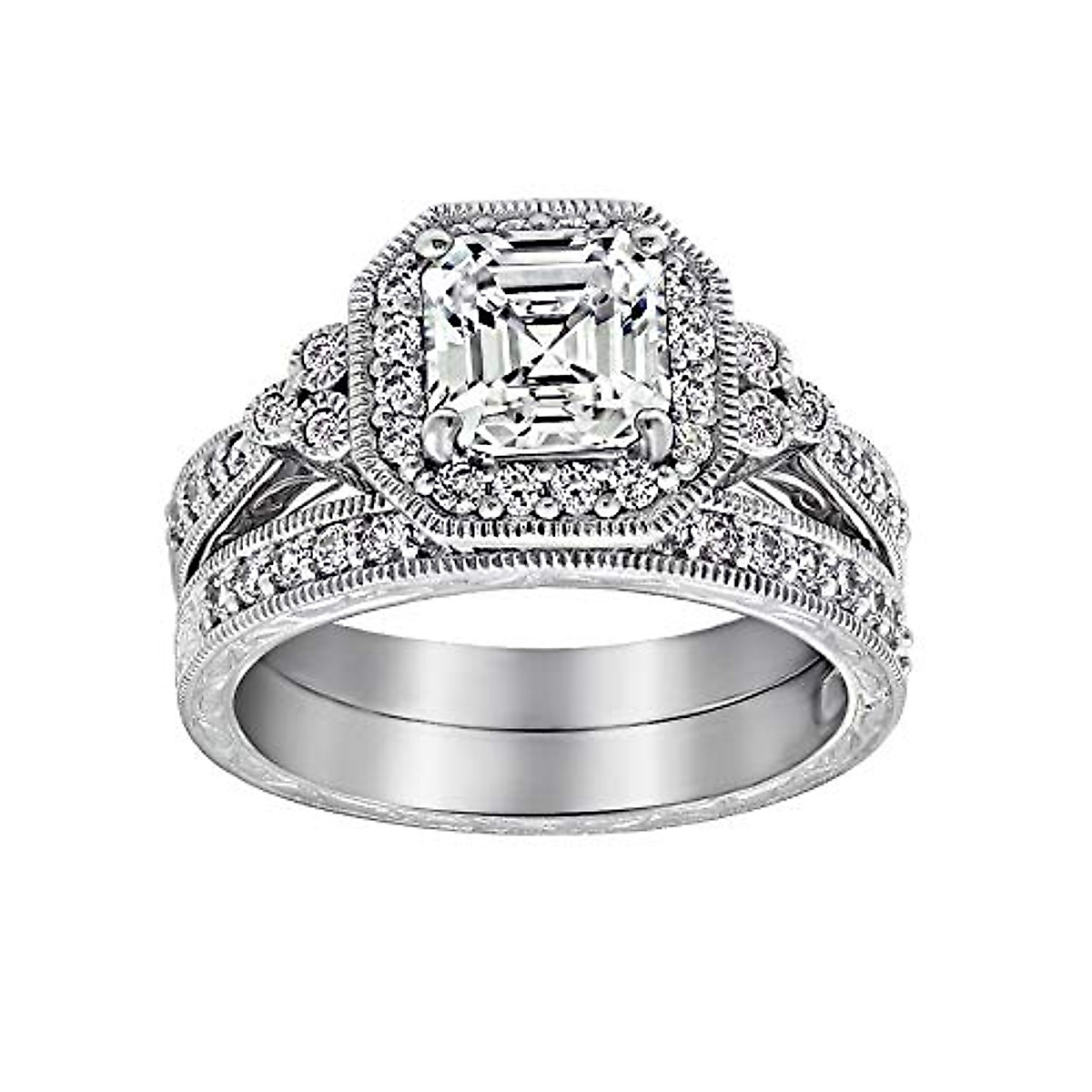 Amazon Essentials Platinum Plated Sterling Silver Infinite Elements Cubic Zirconia Asscher Antique Ring, Size 9 (previously Amazon Collection)