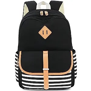 Leaper Women Striped Canvas Backpack Large Laptop Bag Girls Travel Shoulder Bag bag Daypack Black