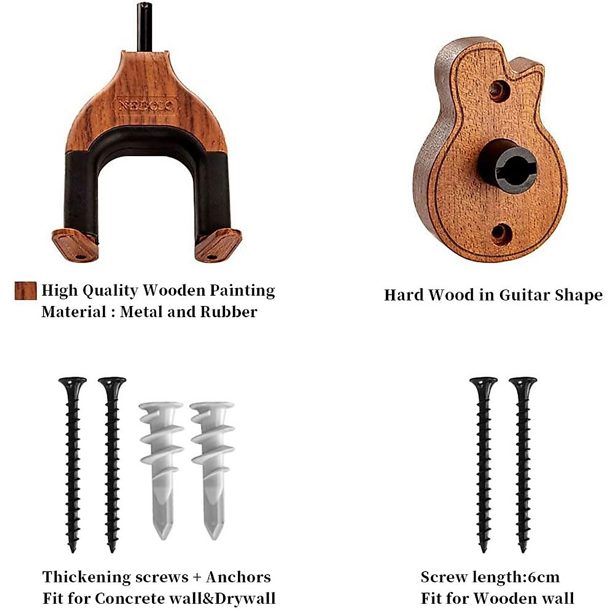 Neboic Guitar Wall Mount, Auto Lock Guitar Wall Hanger, Hard Wood Base in Guitar Shape Guitar Hook, Guitar Holder for Acoustic, Electric, Classical, Bass Guitars, Guitar Accessories