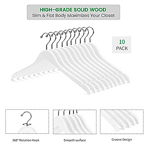 Nature Smile Solid Gugertree Wood Shirt and Dress Hangers with Notches with Antirust Chrome Hook Pack of 10 (White)