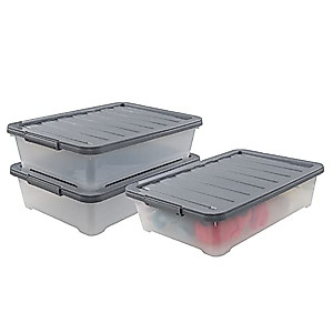 CadineUS 3-pack Large Plastic Under Bed Boxes with Wheels, Shallow Storage Tote Bins, 40 Quarts
