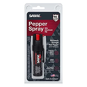 SABRE RED Compact Pepper Spray for Self Defense, Max Police Strength OC Spray, UV Dye, Easy Carry Fast Access Belt Clip, Protect Against Multiple Threats Secure Easy to Use Safety, 0.67 fl oz, 2 Pack