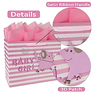 13" Large Pink Gift Bag Set with Greeting Card and Tissue Paper(3D elephant) for Baby Girl,Baby Shower,Kids Birthday Party,Newborn,New Moms or Parents-13” x 5.2” x 10.2”, 1 Pcs.