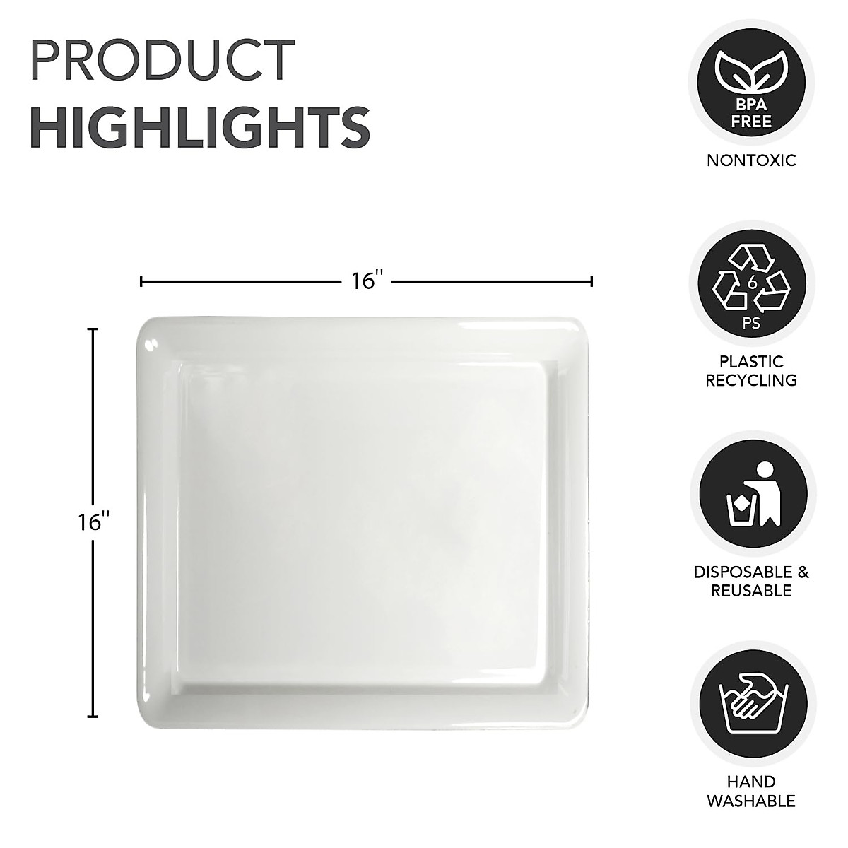 Party Essentials Hard Plastic 16 x 16-Inch Square Serving Tray, 3-Count, White