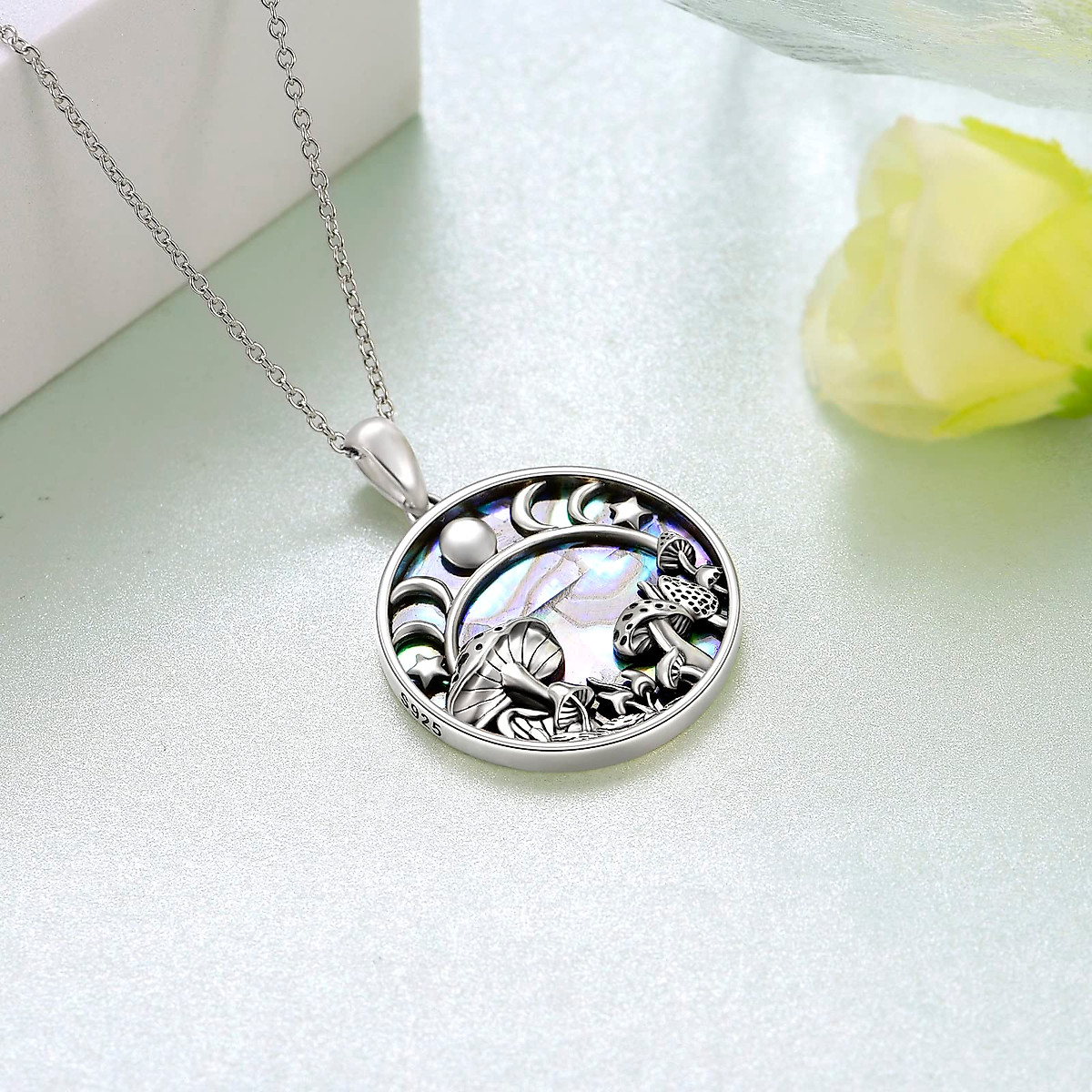 Mushroom Necklace Sterling Silver Moon Phase Pendant Necklace Magical Mushroom Jewelry Gifts for Women