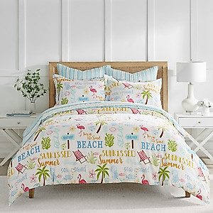 Levtex Home - Beach Days Duvet Cover Set - Full/Queen Duvet Cover (90 x 94in.) + Two Standard Pillow Cases (26 x 20in.) - Coastal Beach - Teal Blue Yellow Green Brown Pink - Cotton
