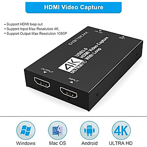 Video Capture Card, 4K HDMI Video Capture, USB 3.0 Game Capture Card, Video Capture Device Full HD 1080p 60FPS for Live Streaming, Work with PS4/PS5/Xbox/PC/Mac Linux Android Windows 10/11