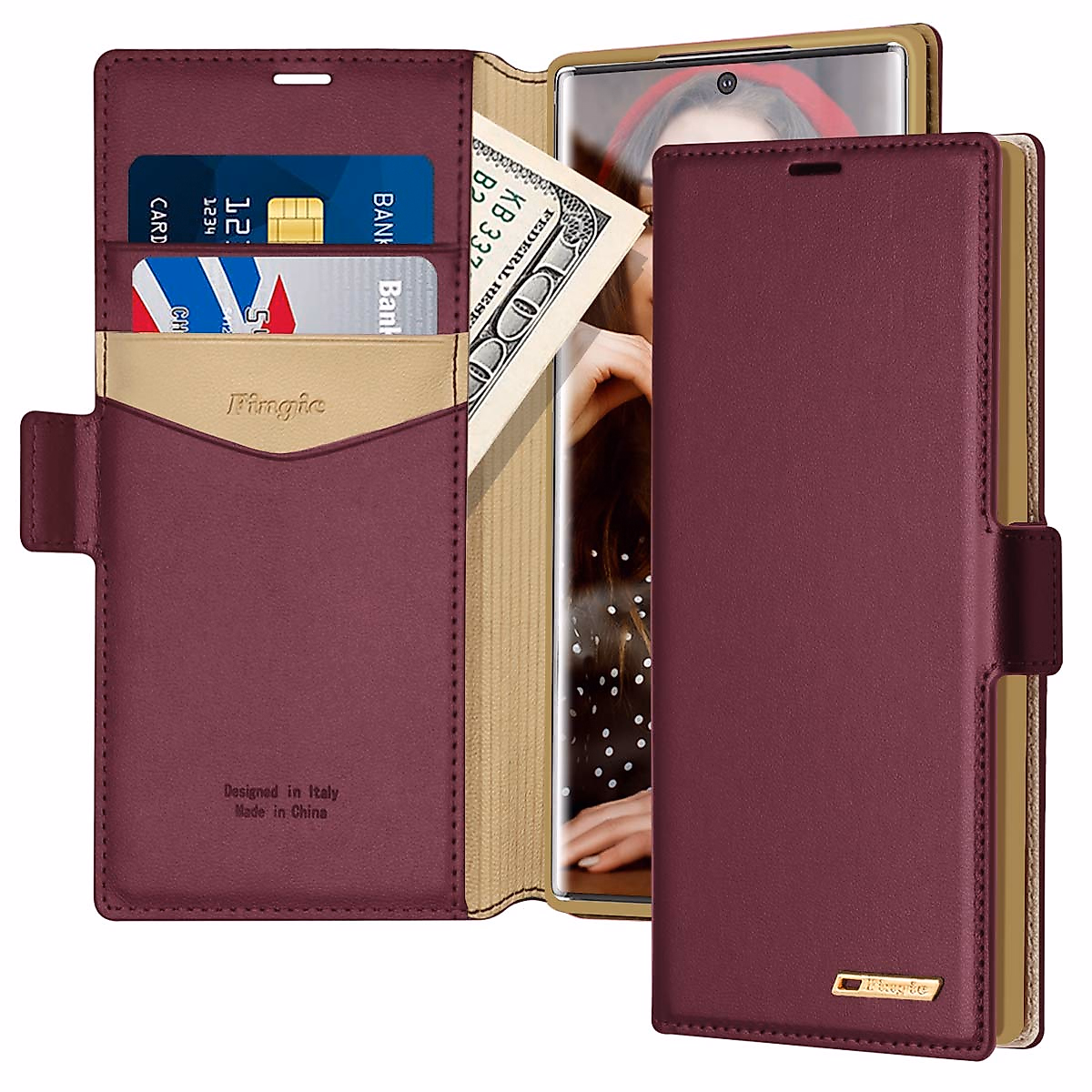 Fingic for Samsung Note 10 Case,Note 10 Wallet Case,PU Leather Wallet Case 2 ID &Credit Cards Slots Holder Side Pocket Kickstand Feature Flip Case Cover for Samsung Galaxy Note 10 6.3"(2019)-Wine Red