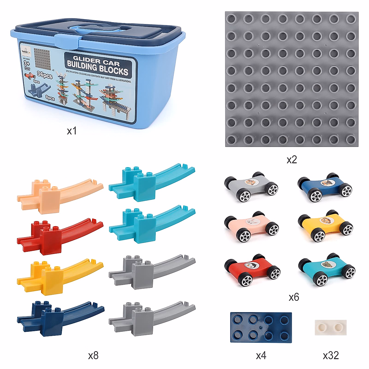 Aomola Car Ramp Toy with Classic Big Building Blocks,Creative DIY Building Bricks Compatible with All Major Brands,Car Ramp Racer for Toddlers with 6 Mini Cars,Storage Box & Base Plate