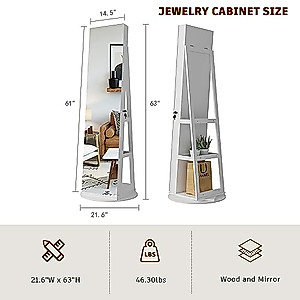 FOMNEY 360° Swivel Jewelry Armoire with Mirror, 63" H Full Length Mirror with LED Lights, Jewelry Cabinet/Organizer with Makeup Shelf for Bedroom (White)