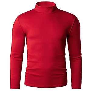 Derminpro Men's Slim Fit Mock Turtleneck T-Shirts Knit Long Sleeve Thermal Pullover Red Medium