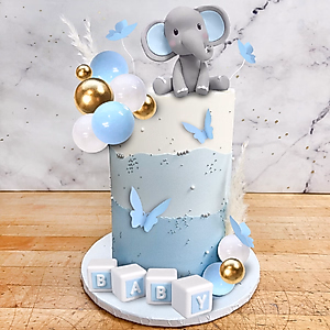 Elephant Cake Decoration Mini Elephant Cake Topper Blue BABY Letter Cake Toppers Gold Blue White Pearl Ball for Baby Shower Boy Elephant Theme Birthday Party Supplies (BLUE)