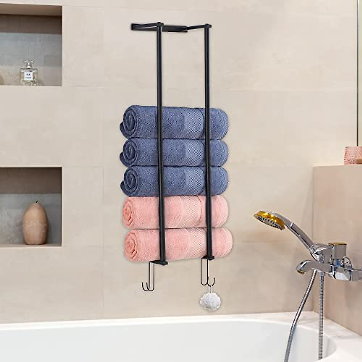 MallKing Wall Towel Rack, Bathroom Wall Mounted for Rolled Towels, Metal Towel Holder for Folded Large Towel Washcloths, Bath Towel Storage with 4 Hooks (Matte Black)
