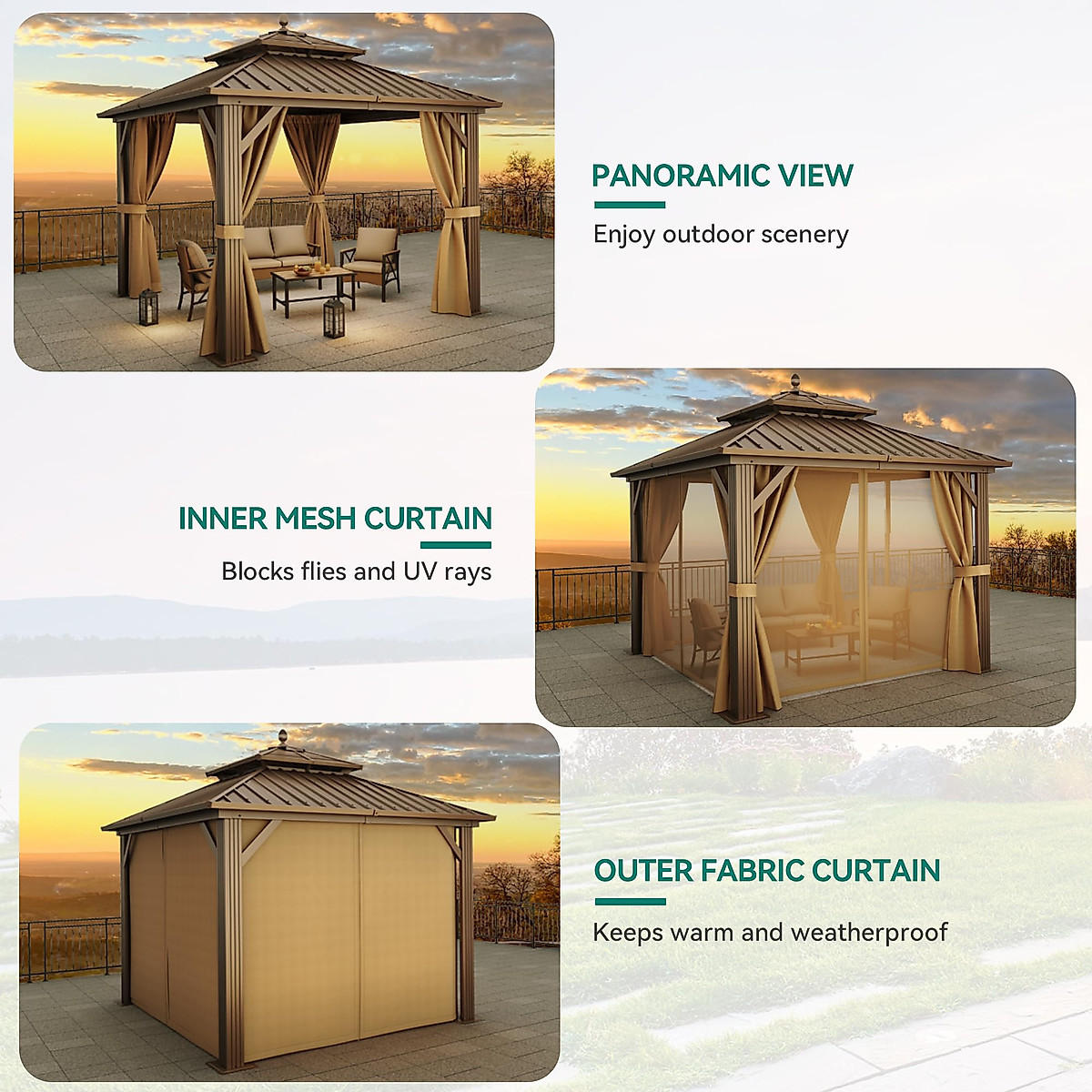 YITAHOME 10x10ft Hardtop Gazebo with Nettings and Curtains, Heavy Duty Double Roof Galvanized Steel Outdoor Combined of Horizontal Vertical Stripes Roof for Patio, Backyard, Deck, Lawn (Bronze)
