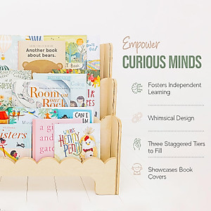 Wooden Kids Bookshelf w/Scalloped Edges - Perfect Height 3-Tier Montessori Bookshelf for Kids - Durable Childrens Bookcase for Kids Room or Playroom - Toddler Bookshelf Rack - Baby Book Shelf Nursery