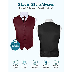 S.H. Churchill & Co. Men's 4 Piece Vest Set, with Bow Tie, Neck Tie & Pocket Hankie - Burgundy, XL