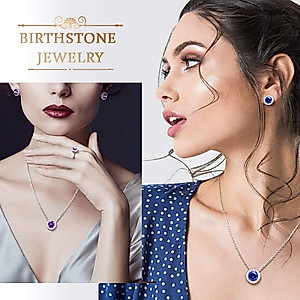 beautlace March Birthstone Necklaces/Stud Earrings Set Silver Plated Round Shape Jewelry Sets Blue Birthstone Jewelry Birthday Gifts for Men and Women KS0017M