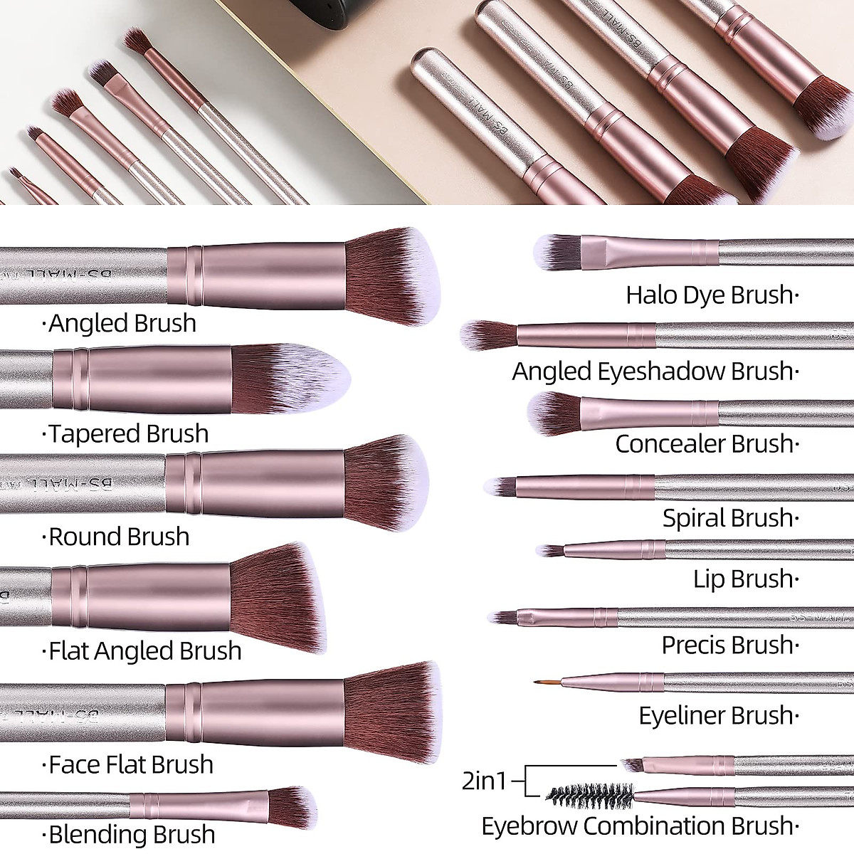 BS-MALL Makeup Brushes Premium Synthetic Foundation Powder Concealers Eye Shadows Makeup 14 Pcs Brush Set，Silver Purple with case