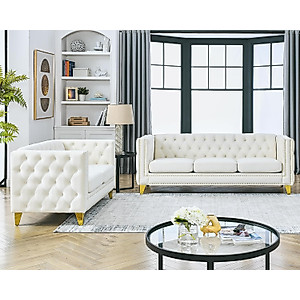 Velvet L Shaped Sofa Couch, Upholstered Sectional Couch with Tufted Back and Rivet Decoration, Modern 5 Seater Corner Sofa with Golden Legs and 3 Pillows, Comfy Couches for Living Room, Light Beige