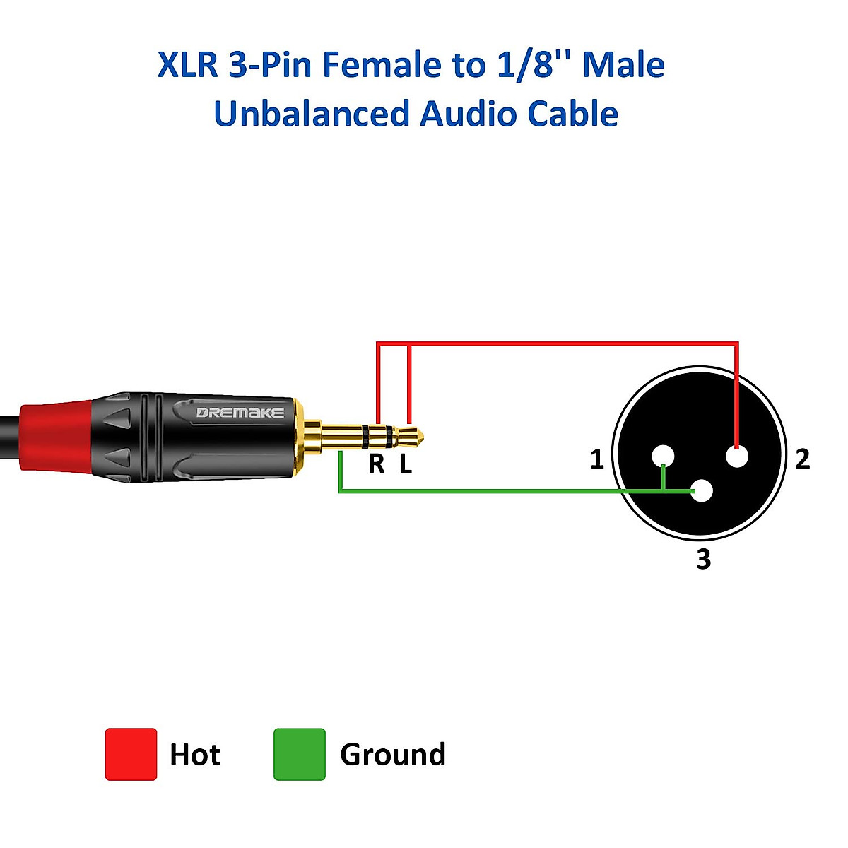 DREMAKE Female XLR to Jack 3.5mm Stereo Audio Cable, 6FT 3.5mm to XLR Unbalanced Cable, XLR to 1/8'' 3.5mm Extension Microphone Cable, Male 3.5mm to Stereo XLR 3-Pin Female Patch Cord for PCs, Phones