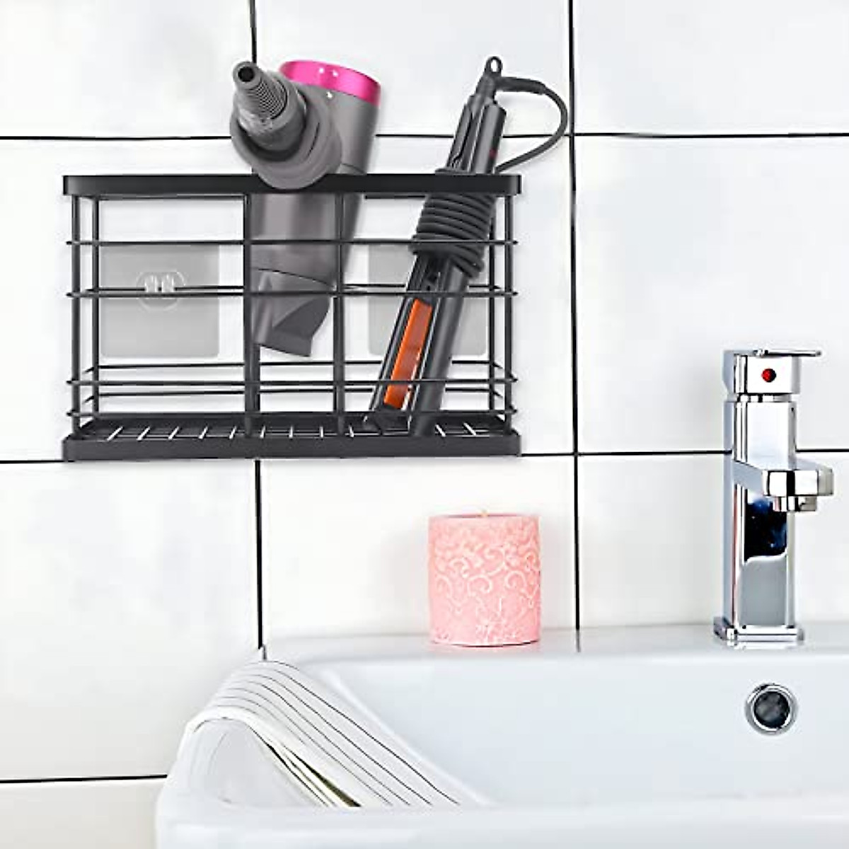 Hair Dryer Holder Hair Tool Organizer Wall Mounted/Cabinet Door,Anti-Rust Coating Hair Styling Tools,Bathroom Storage Organizer for Blower Dryer,Flat Irons,Curling