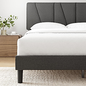 Zinus Queen Maya Upholstered Bed Frame with Asymmetric Headboard, Durable Wooden Slats, Sturdy Framework, Noise Free Sleep, No Box Spring Needed, Easy Assembly, Eco Friendly Packaging, Dark Grey