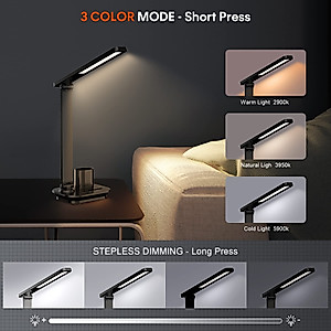 Desk Lamp Desk Light Desk Lamps for Home Office, LED Desk Lamp with USB Charging Port, Touch Control Small Desk Lamp with Pen/ Phone Holder, 3 Color Modes Foldable Study Reading Lamp with 10 Min Timer