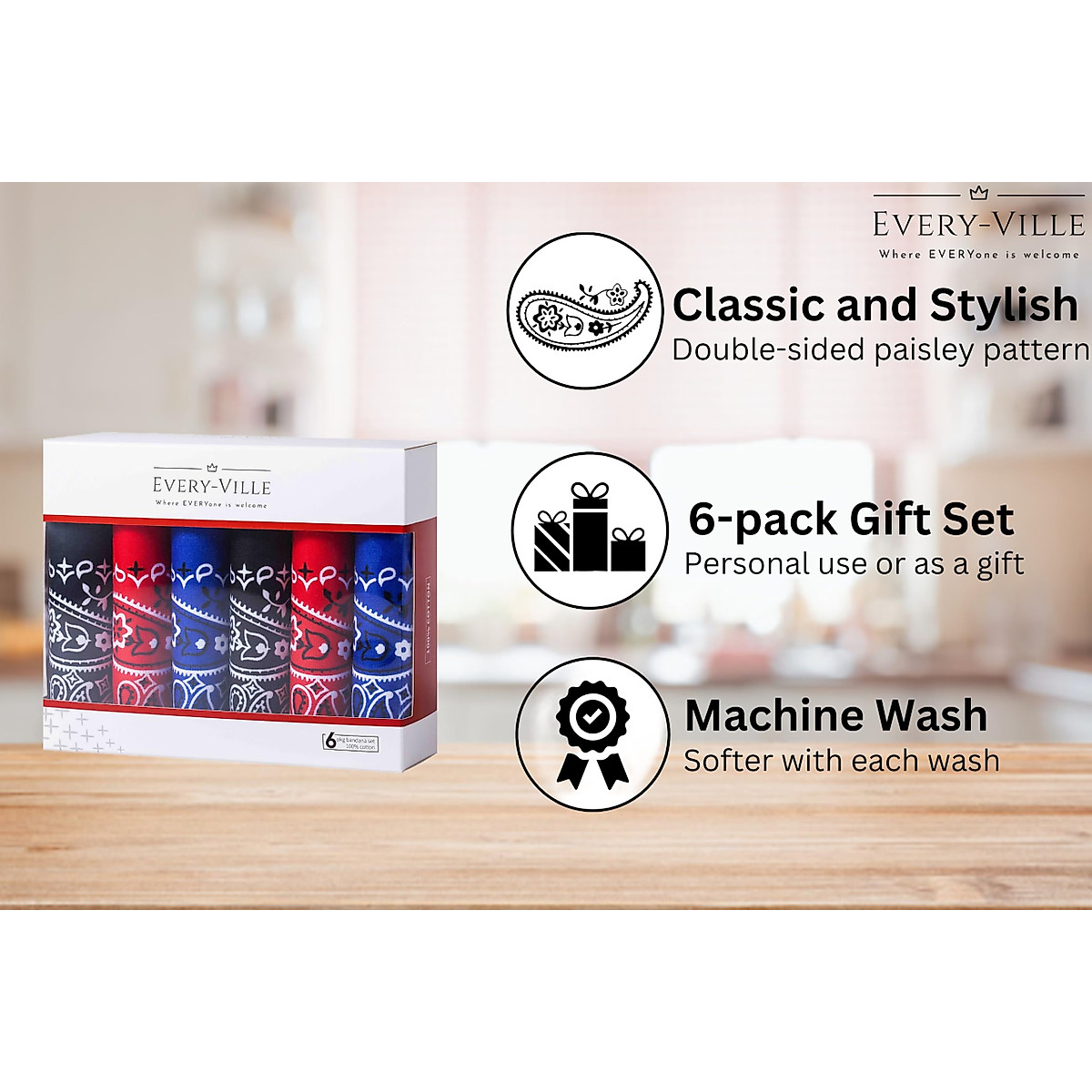 EVERY-VILLE Where EVERYone is Welcome 6-Pack Large Cotton Bandanas for Men - Paisley, 22x22 In, Red Black Blue - Cowboy Head Handkerchief Pocket Squares