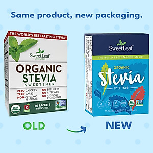 SweetLeaf Organic Stevia Packets - Zero Calorie Stevia Powder, No Bitter Aftertaste, Sugar Substitute for Keto Coffee, Nothing Artificial, Non-GMO Stevia Sweetener Packets, 70 Count (Pack of 2)