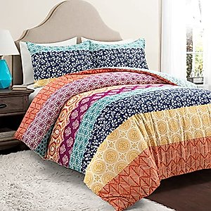 Lush Decor Bohemian Stripe Reversible 3 Piece Cotton Duvet Cover Set, King, Fuchsia & Orange