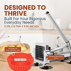 French Fry Cutter For Potatoes, Aluminum Stainless Steel Potato Cutter with 1/4-Inch & 3/8-Inch Blades, Includes 7.5-inch Air Fryer Silicone Liner, Potato Cutter for Fries, Potato, Onion, Vegetables