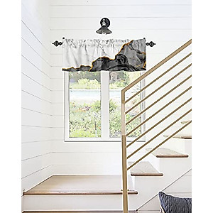 Yun Nist Window Valance Curtain Marble Black Gray White Color Contrast Gold Edge Valances for Kitchen Windows,Modern Abstract Rod Pocket Short Curtains for Bedroom,Bathroom,Living Room 42x12in