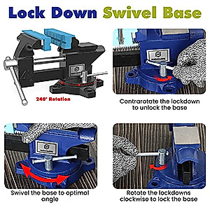 Nuovoware Heavy Duty Bench Vise 4.5 Inch, 240° Swivel Locking Base Bench Clamp with 125mm Vise Jaw, Clamp-on Home Merchanic Vice Desktop Clamp for Woodworking, Drilling, Cutting Conduit -Blue + Blue