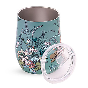 Vera Bradley Insulated Wine Tumbler, 12 Ounce Travel Cup, Green Floral Stainless Steel Tumbler with Lid, Sunlit Garden Greek Sage